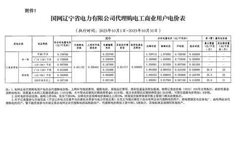 2023年10月国网辽宁省电力有限公司代理购电工商业用户电价表