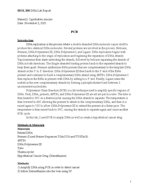 BIOL 200 DNA Lab Report BIOL 200 DNA Lab Report Name S Ogechukwu Anozie Date November 2