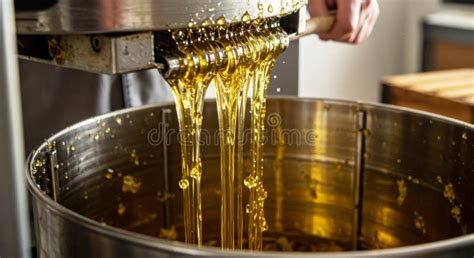 Honey Extraction Process With Golden Honey Flowing Into A Container