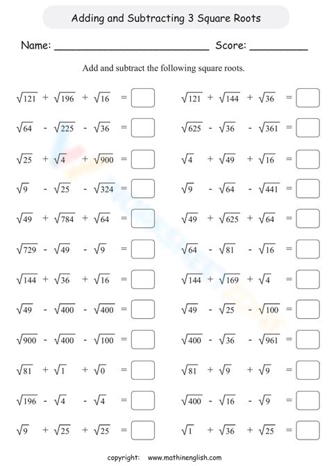 Add And Subtract Square Roots Worksheet Maths Formulas List