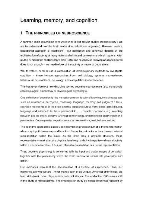 Learning Memory And Cognition Learning Memory And Cognition 1 The Principles Of Neuroscience