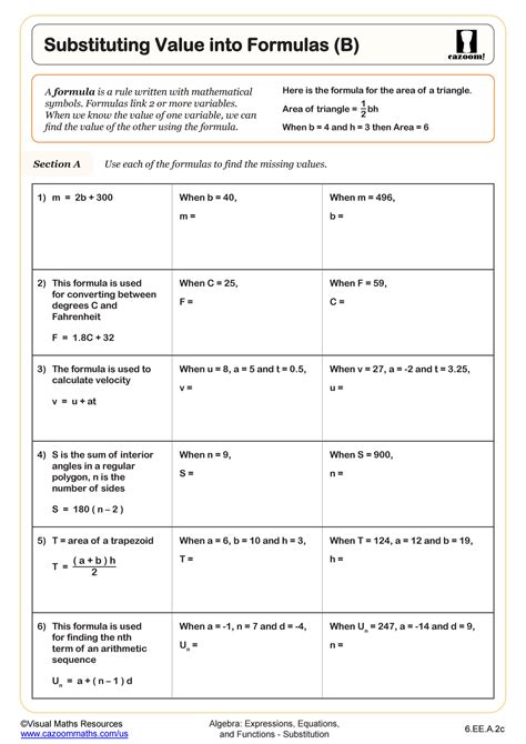 Substituing Value Into Formulas B Worksheet 6th Grade Pdf