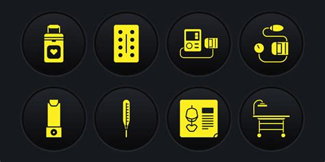 흡입기 혈압 의료 체온계 엑스레이 주사 물집 팩에 담긴 알약 수술대 및 장기 용기 아이콘을 설정합니다 벡터 X 레이에 대한 스톡 벡터 아트 및 기타 이미지 Istock