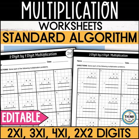 Editable Standard Algorithm Multiplication Worksheets 2x1 3x1 4x1 And 2x2 Digits