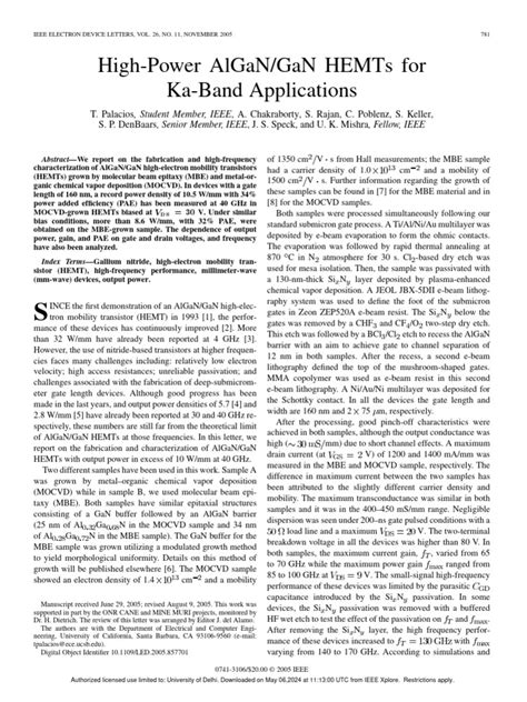 High Power Algan Gan Hemts For Ka Band Applications Pdf Field Effect Transistor Electricity