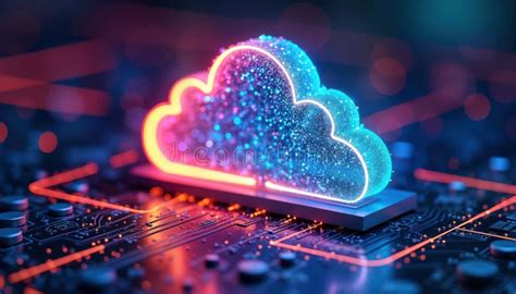 Digital Cloud Storage System Illustration Shows Glowing Cloud Icon On Circuit Board Generative