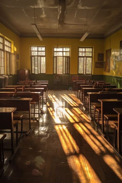 A Brightly Lit Empty Classroom With Rows Of Desks Stock Illustration Illustration Of Desks