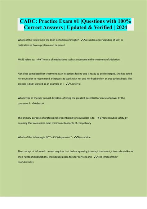 CADC Practice Exam Questions With Correct Answers Updated Verified CADC