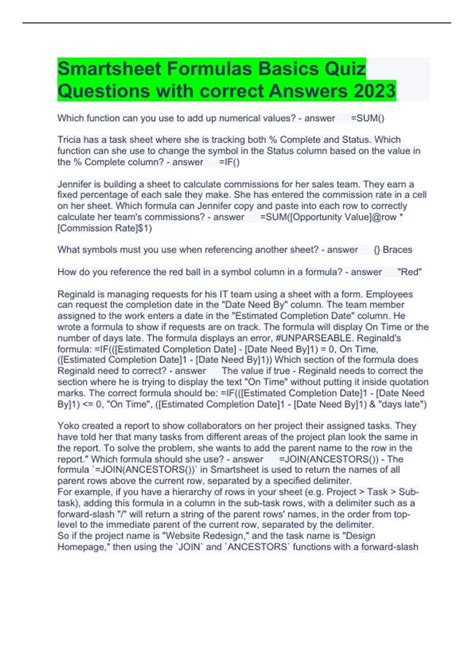 Smartsheet Formulas Basics Quiz Questions With Correct Answers 2023 Smartsheet Stuvia Us