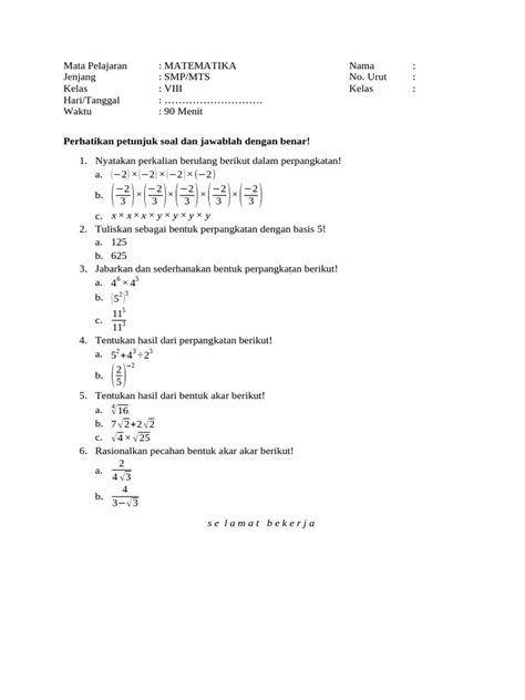 Soal Soal Materi Perpangkatan Dan Bentuk Akar Pdf