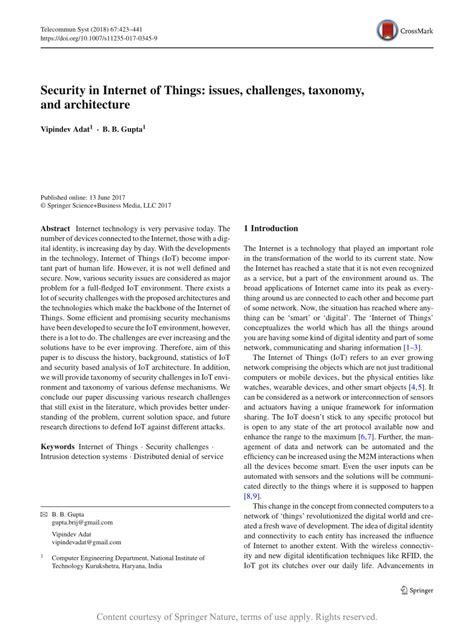 Security In Internet Of Things Issues Challenges Taxonomy And Architecture Request Pdf