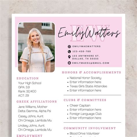 Sorority Rush Resume Template Easy Pink Etsy