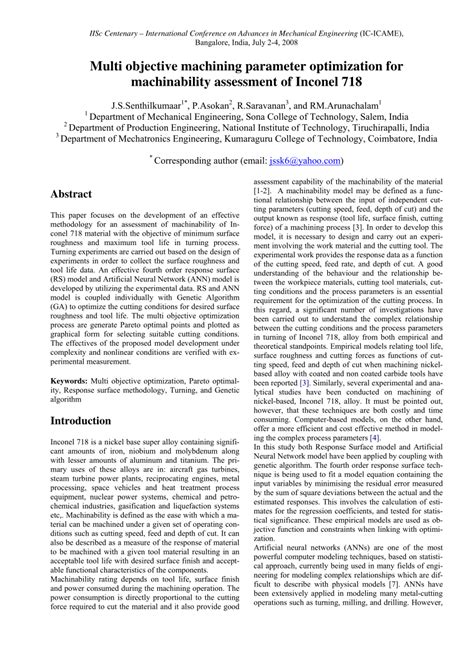 Pdf Multi Objective Machining Parameter Optimization For Machinability Assessment Of Inconel 718