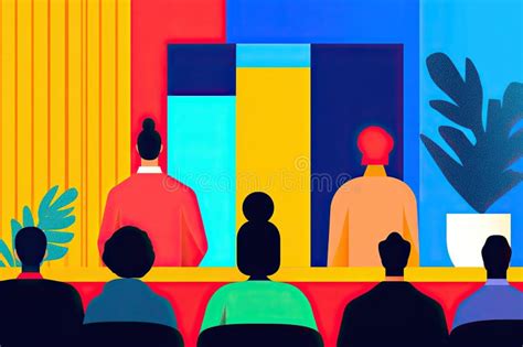 a colorful gathering of figures in a bold abstract space with engaging