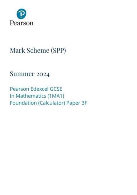 Edexcel Gcse Mathematics 1ma1 3f Paper 3 Calculator Foundation Tier Mark Scheme June 2024