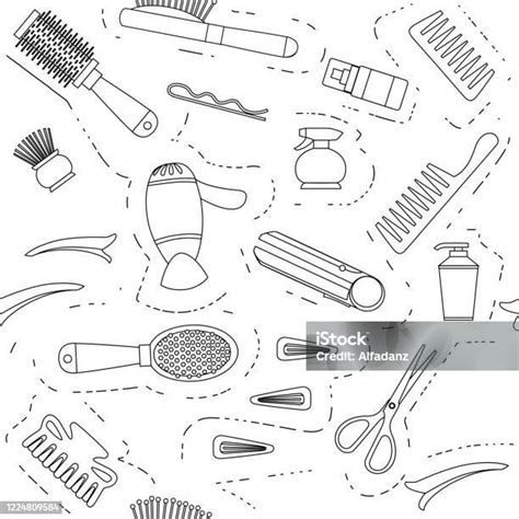 흰색 배경에 전문 미용사 및 이발소 장비 도구 미용 도구 가위 헤어 핀 벡터 일러스트의 원활한 패턴을 개요 가위에 대한 스톡 벡터 아트 및 기타 이미지 Istock