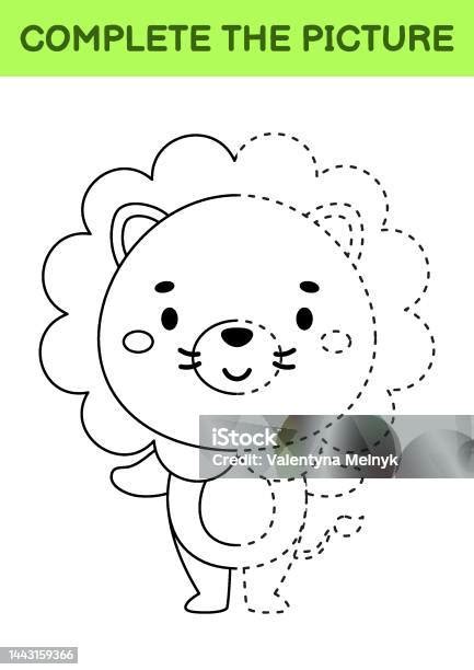 귀여운 사자의 완전한 그려진 그림 색칠 공부 도트 카피 게임 필기 연습 그리기 기술 훈련 인쇄 가능한 워크시트를 개발하는 교육