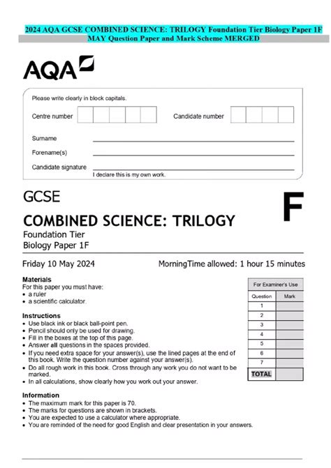 2024 Aqa Gcse Combined Science Trilogy Foundation Tier Biology Paper 1f May Question Paper And
