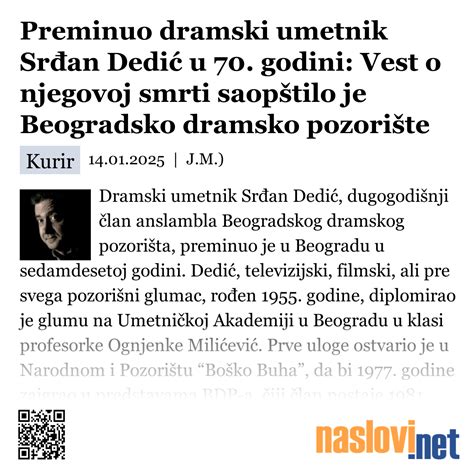 Preminuo Dramski Umetnik Srđan Dedić U 70 Godini Vest O Njegovoj