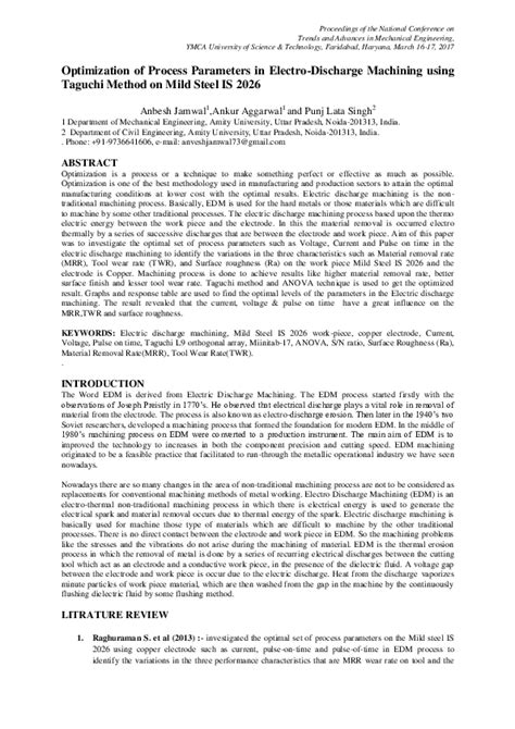 Pdf Optimization Of Process Parameters In Electro Discharge Machining Using Taguchi Method On