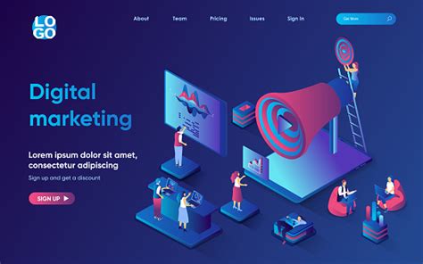 디지털 마케팅 개념 등소 방문 페이지 팀은 비즈니스 광고 메가폰 3d 웹 배너 템플릿으로 고객을 유치합니다 플랫 디자인의 인물 장면과 벡터 일러스트레이션 3차원 형태에 대한