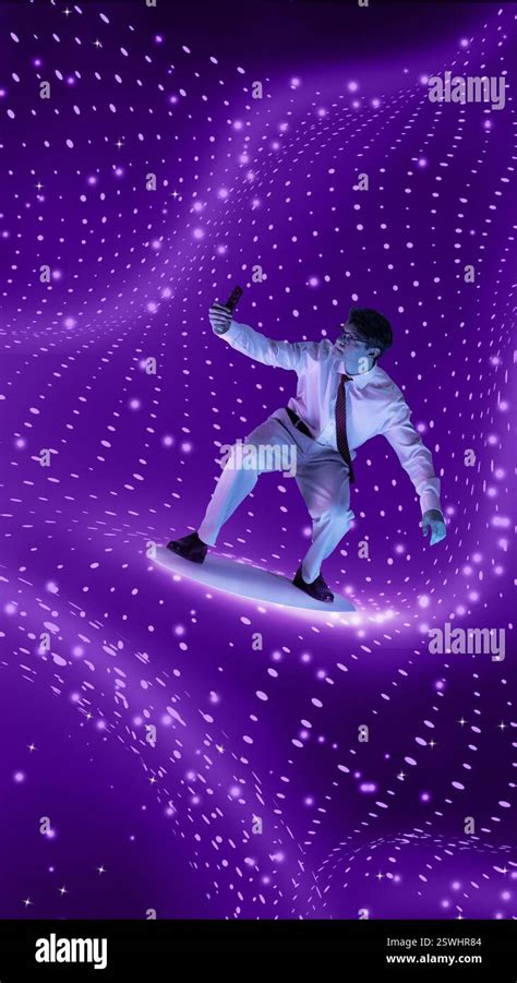 Man Balancing On Glowing Purple Mesh Reflecting Hi Tech Business Agility Digital Evolution