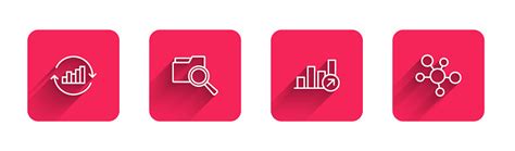 라인 파이 차트 인포그래픽을 설정하고 폴더로 검색하고 긴 그림자로 금융 성장 및 마인드 맵을 설정합니다 빨간색 사각형 버튼입니다 벡터 0명에 대한 스톡 벡터 아트 및 기타