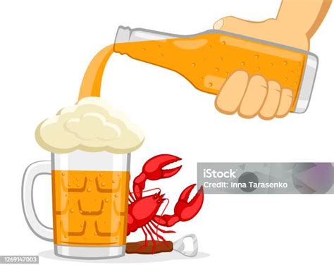 맥주는 병에서 흰 랍스터가 있는 유리에 부어 넣습니다 옥 토 버 페스트 따르기에 대한 스톡 벡터 아트 및 기타 이미지 따르기