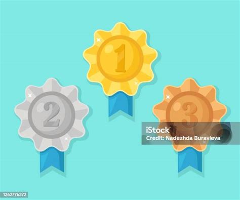 금메달 은메달 동메달 1위 트로피 블루 배경에서 고립된 우승자상 리본이 있는 황금 배지 세트 성취 승리 벡터 만화 일러스트 플랫 디자인 1에 대한 스톡 벡터 아트 및 기타