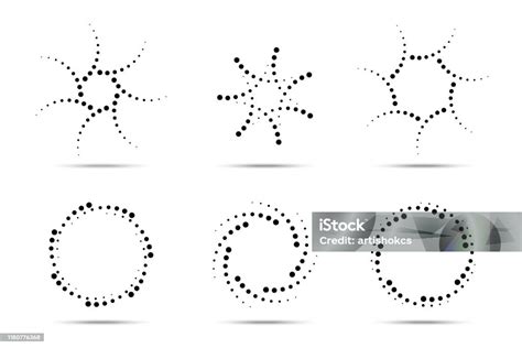 하프톤 원형 점선 프레임 세트 흰색 배경에서 격리된 원 점 아이콘입니다 치료 화장품 기술에 대한 로고 디자인 요소 하프 톤 원 도트 텍스처를 사용 하 여 헝겊 벡터 점박이에