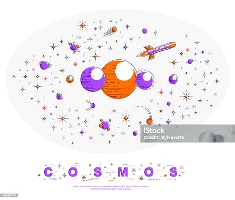 환상적인 알려지지 않은 갤럭시 알 수 없는 행성으로 공상 과학 소설 로켓 별 및 다른 요소와 함께 우주 숨막히는 공간 과학을 탐구 한다 얇은 선 3d 벡터 일러스트입니다