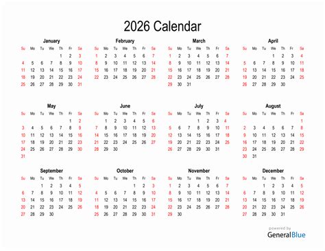 General Blue 2026 Calendar Printable Free Printable Templates