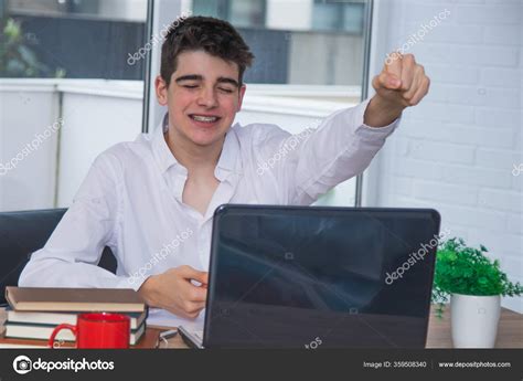 Male Teenage Babe Desk Computer Books Studying Stock Photo Carballo 359508340