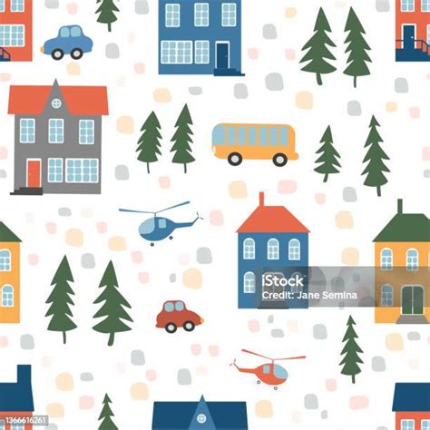 전송의 다른 유형과 원활한 벡터 패턴 집과 자동차가있는 도시 경관 어린이를 위한 인쇄 0명에 대한 스톡 벡터 아트 및 기타