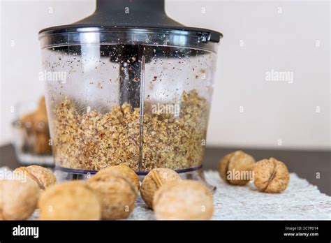 Walnuts In The Blender To Make A Smooth Paste Oil From Walnuts Stock