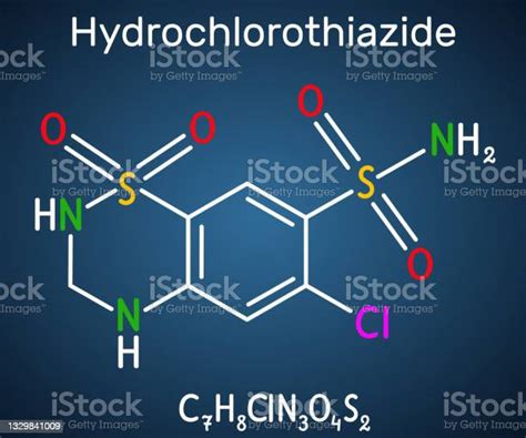 염산염 Hctz Hct 분자 부종과 고혈압을 치료하는 데 사용되는 티아지드 이뇨제입니다 짙은 파란색 배경의 구조적 화학 포뮬러 고혈압의에 대한 스톡 벡터 아트 및 기타