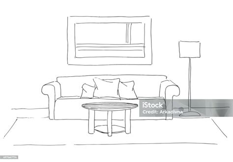 소파 그녀 앞에 라운드 테이블입니다 측면에서 바닥 램프입니다 손으로 그린 스케치 스타일의 벡터 일러스트 레이 션 3차원 형태에 대한 스톡 벡터 아트 및 기타 이미지 Istock