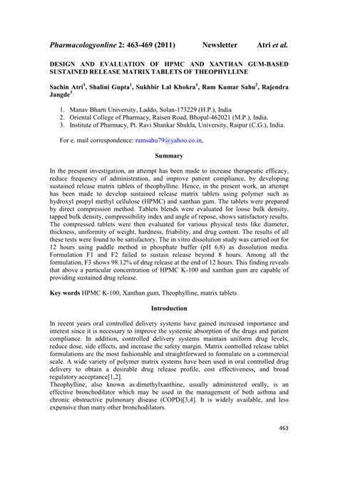 PDF Design And Evaluation Of HPMC And Xathan Gum Based Sustained Release Matrix Tablets Of
