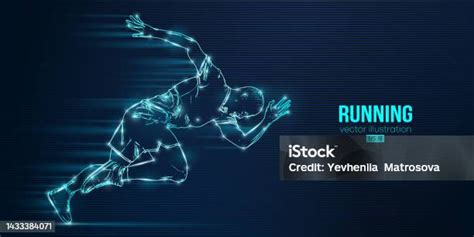 파란색 배경에 달리기 선수의 추상적인 실루엣 주자 남자는 스프린트 또는 마라톤을 달리고 있습니다 벡터 일러스트 레이 션 3차원 형태에 대한 스톡 벡터 아트 및 기타 이미지