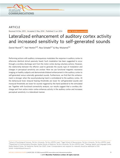 Pdf Lateralized Enhancement Of Auditory Cortex Activity And Increased Sensitivity To Self