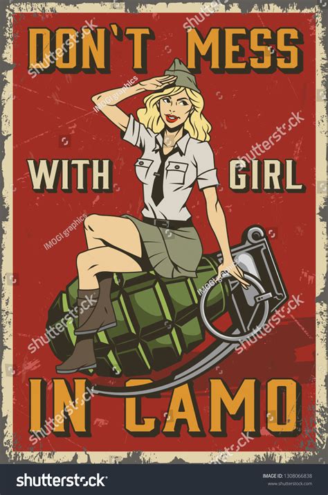 Retro Military Colorful Poster Pin Saluting Vetor Stock Livre De