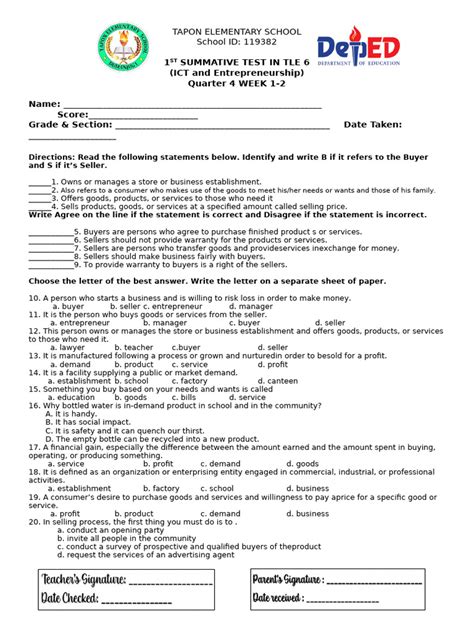 Q4 Summative Test 1 Tle Ict And Entrepreneurship 6 W1 2 Pdf Goods Economics