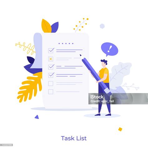 연필 마킹을 가진 남자는 할 일 목록에 작업을 완료 시간 관리의 개념 작업 계획 방법 일상 목표와 성과의 조직 배너 포스터에 대한 플랫 벡터 일러스트레이션 개념에 대한 스톡