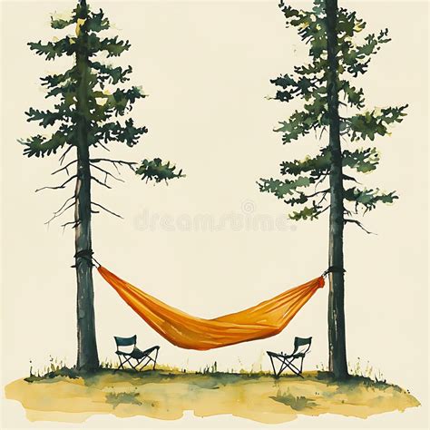 Cozy Camping Scene With An Orange Hammock Strung Between Two Pine Trees