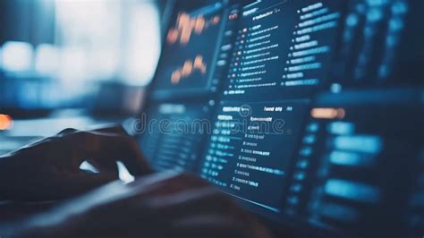 Close Up Hands Typing On Laptop With Blue Code On Screen Stock Illustration Illustration Of
