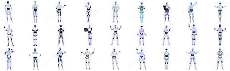 lady robot icons set collection of robots posing and performing