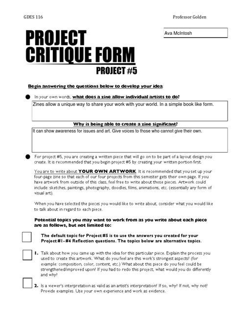 Project 5 Critique Form Pdf