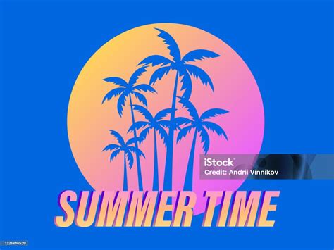 여름 시간 80 년대 스타일의 그라데이션 태양에 대한 야자수 신디웨이브와 레트로웨이브 스타일 광고 브로셔 배너 포스터 여행사를