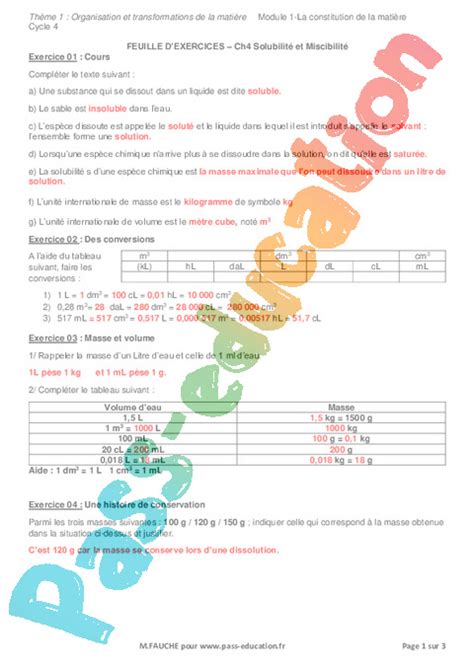 Solubilité Et Miscibilité Exercices Avec Les Corrections 1ere