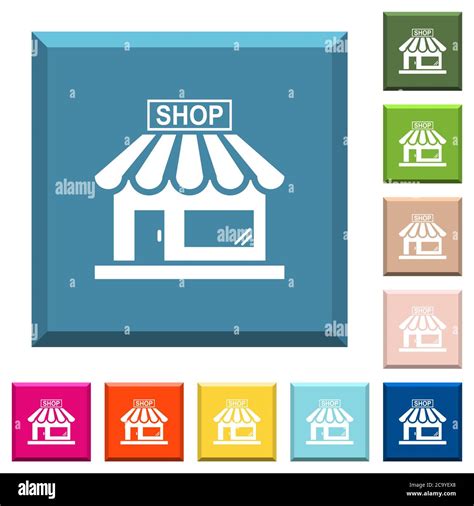 Store Front White Icons On Edged Square Buttons In Various Trendy